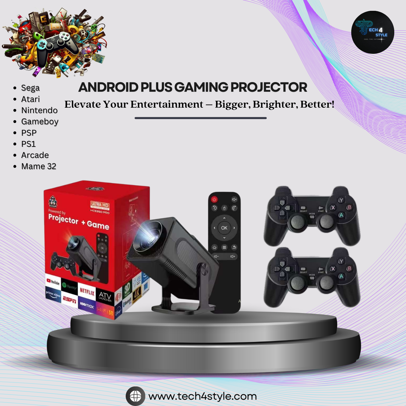 Super F600 Android Plus Gaming Projector 450 ANSI Lumens Android 12 HD ...